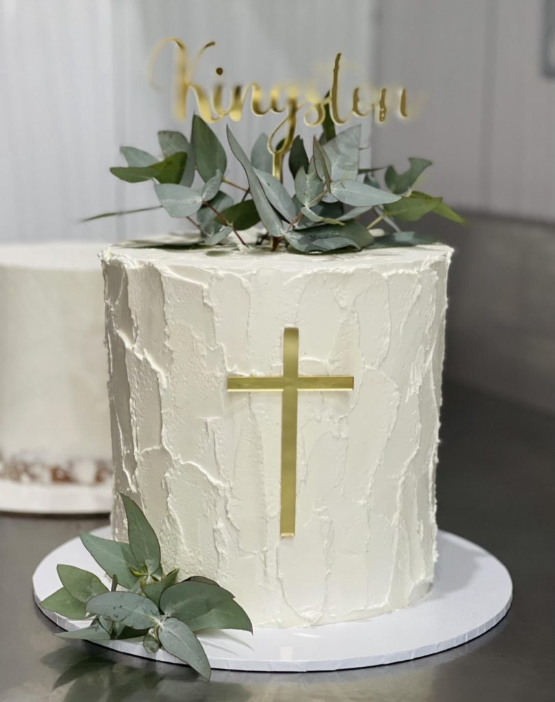 Simple White Textured Buttercream Cake with Greenery & Cross - Sugar ...